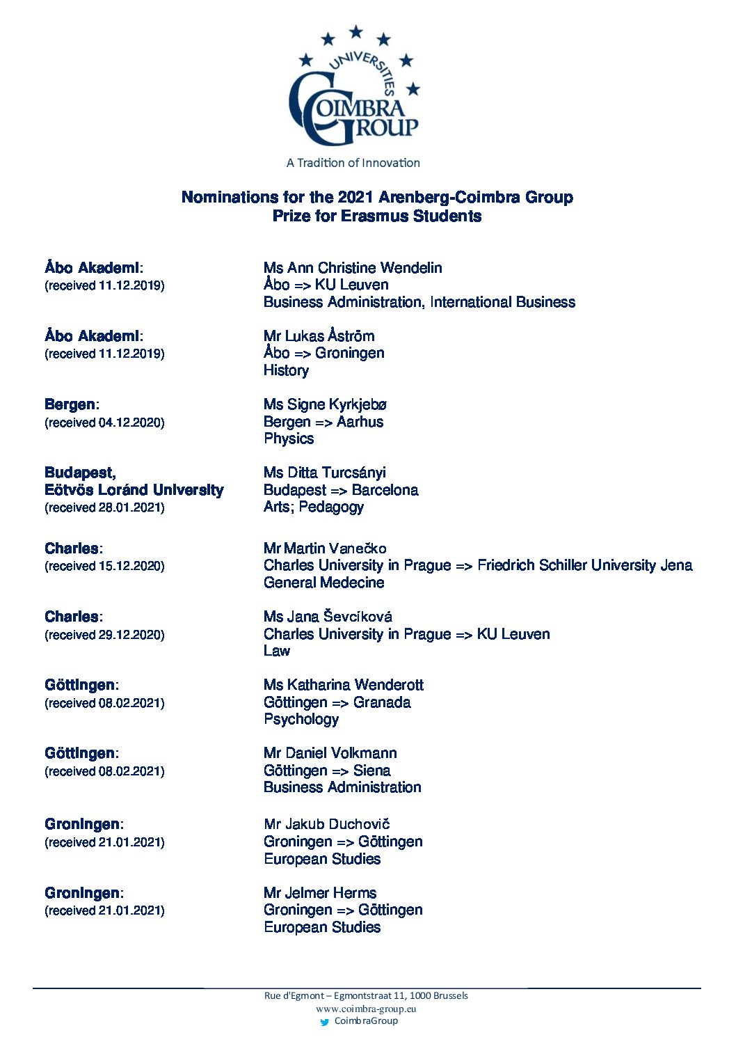 2021 Arenberg-CG Prize Nominations | Coimbra