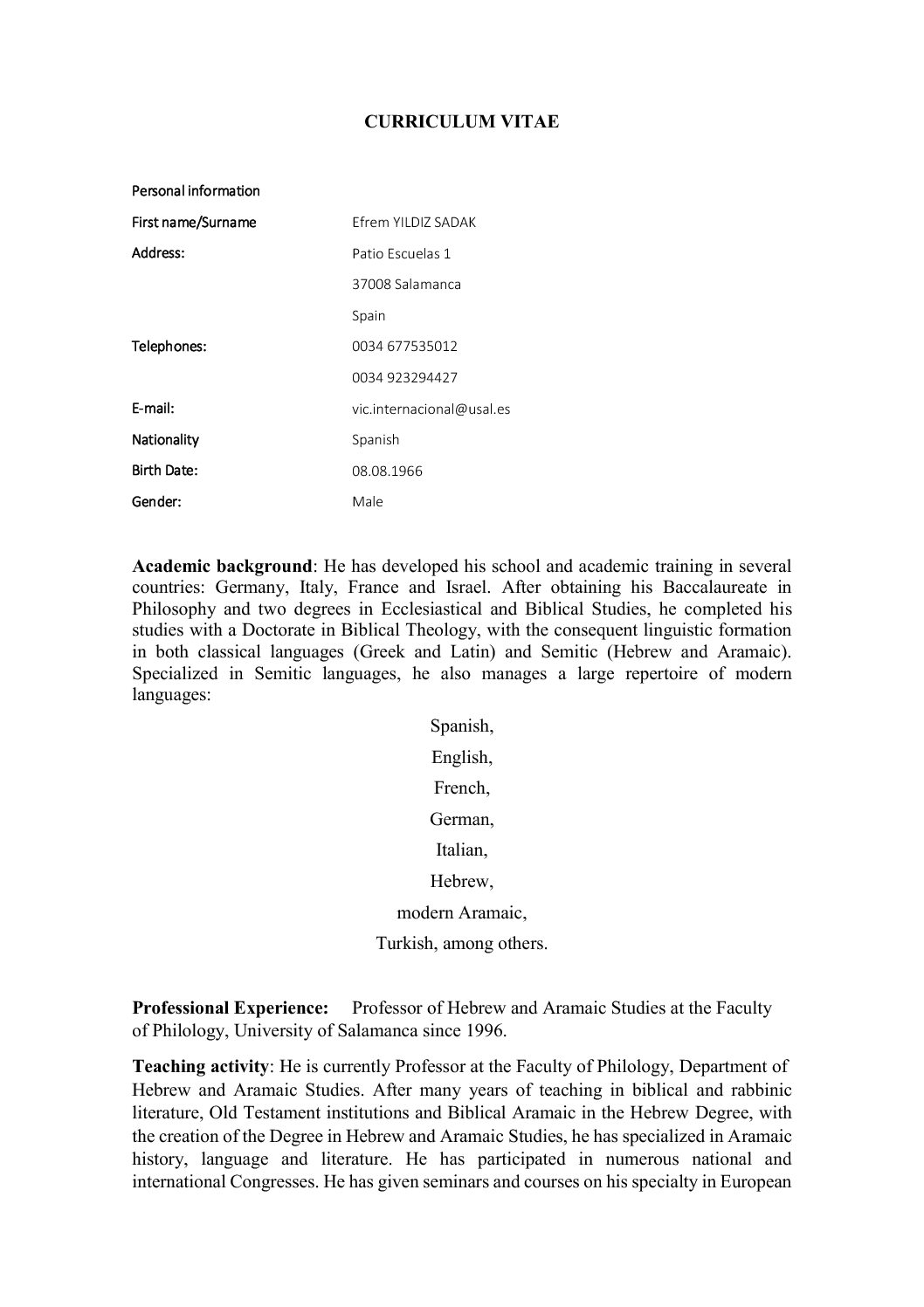 Annexes 5.2.2 Prof. Efrem Yildiz Sadak, University of Salamanca – CV ...