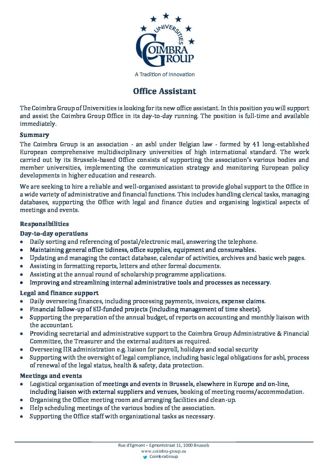 Coimbra Group Office Assistant Vacancy_2020 | Coimbra