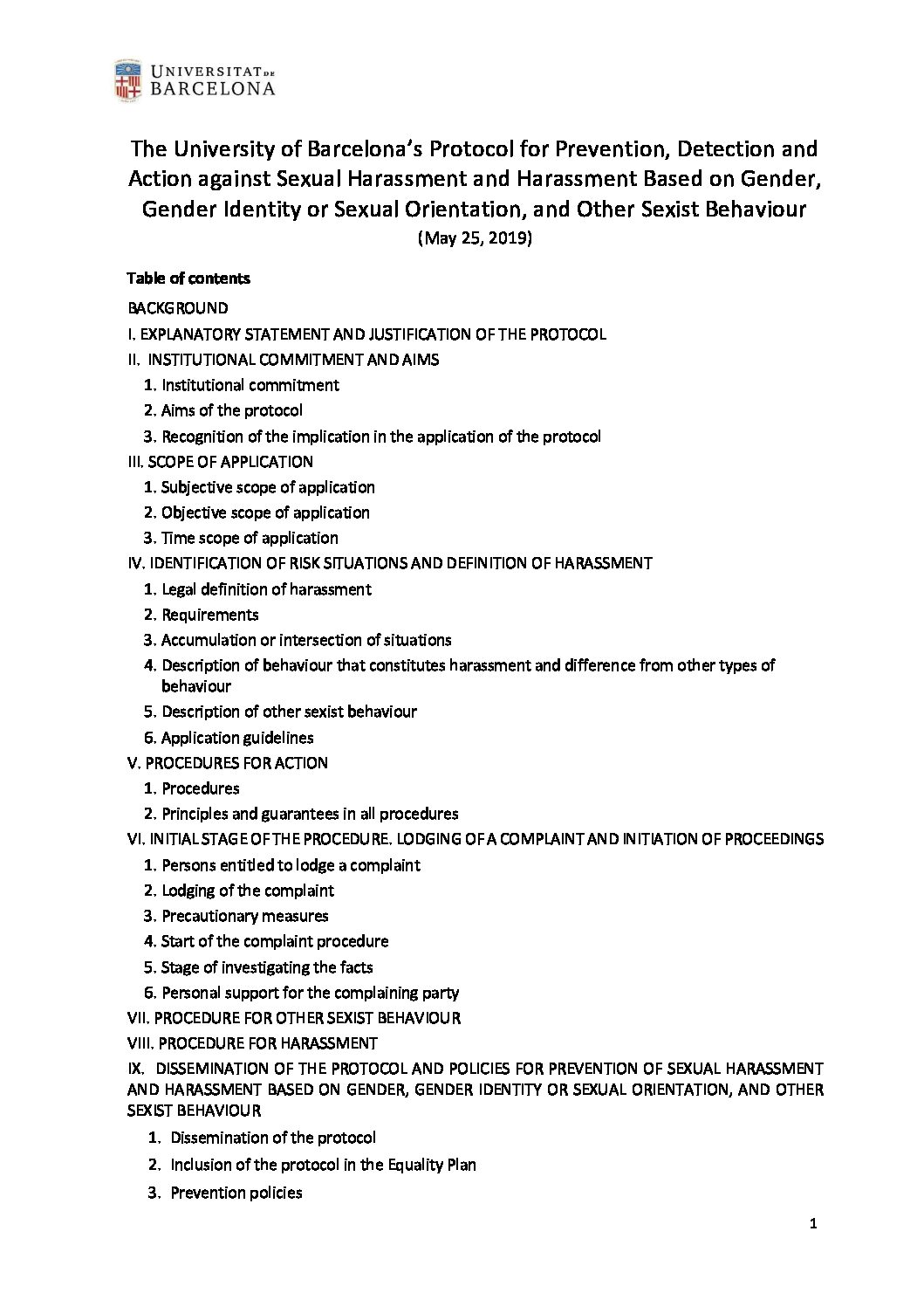 University Of Barcelona Protocol For The Prevention Detection And